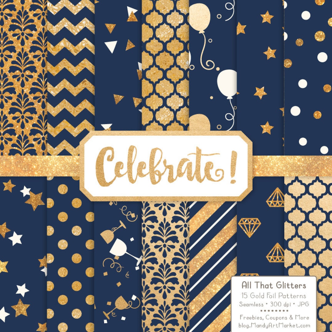 Premium Gold Foil Navy Digital Papers - Party Patterns, Party Digital ...