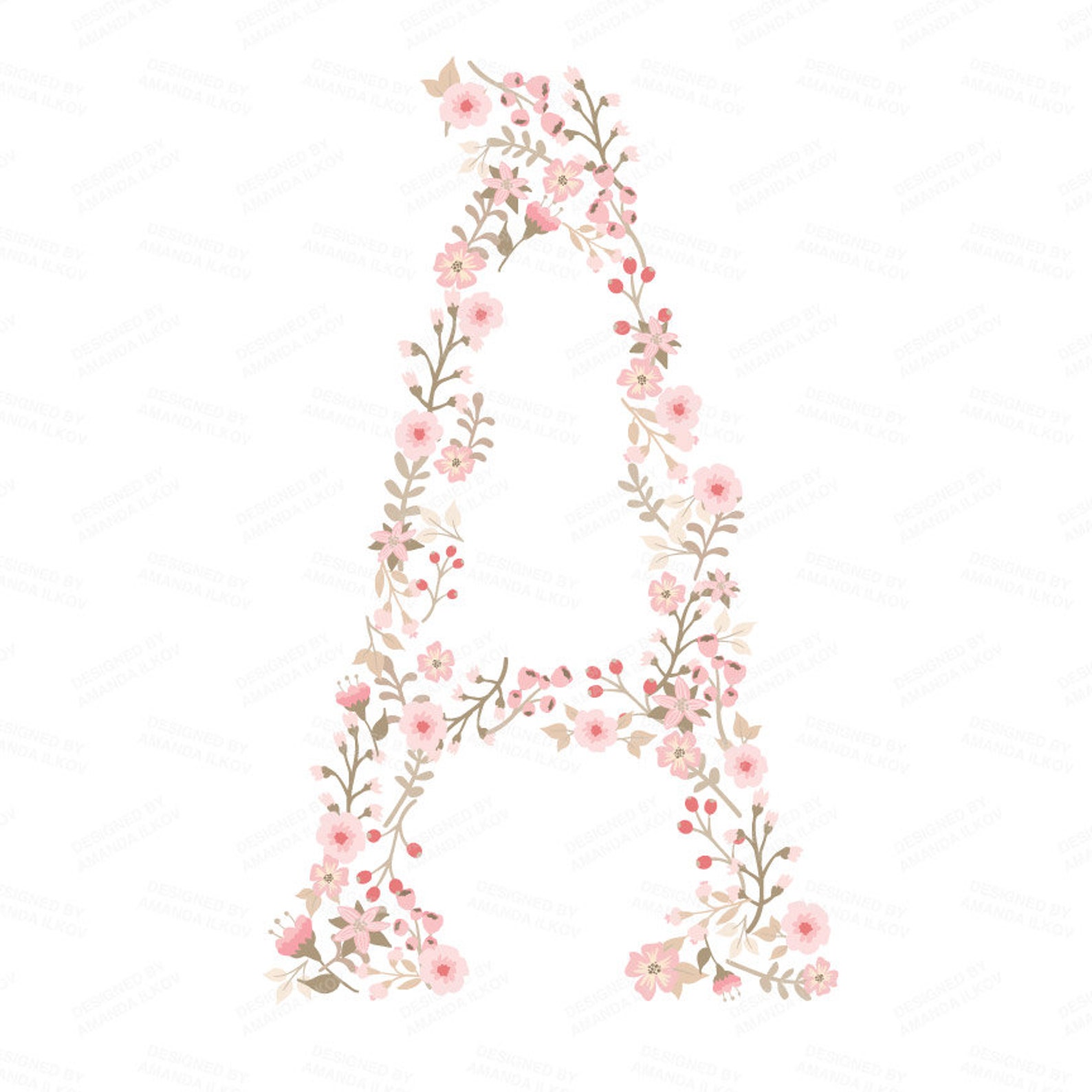 Professional Floral Alphabet Clipart & Vectors Soft Pink - Etsy