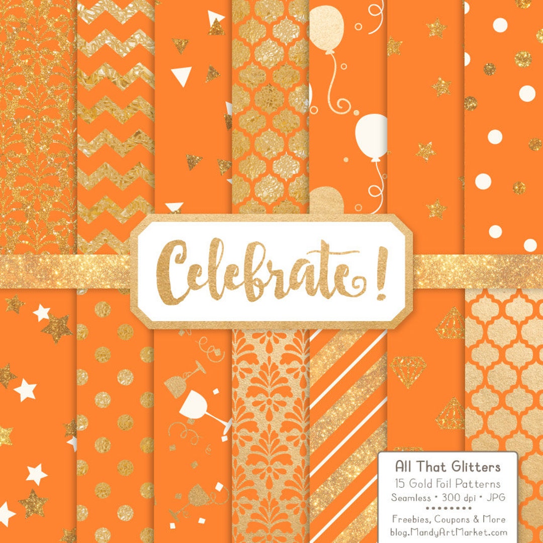 Premium Tangerine Gold Foil Digital Papers - Party Patterns, Party ...