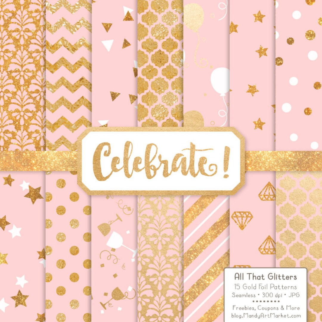Premium Gold Foil Soft Pink Digital Papers - Party Patterns, Party ...