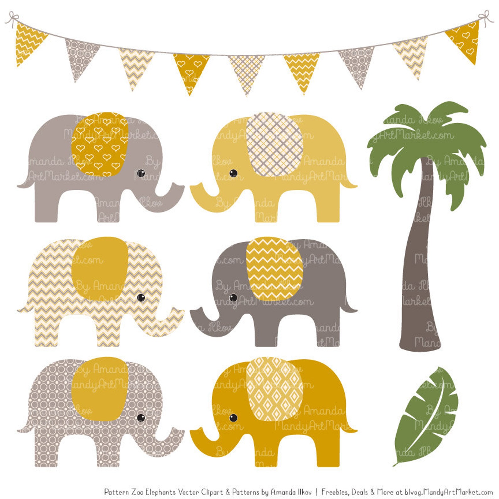 Patterned Mustard Elephants Clipart and Digital Papers - Yellow ...