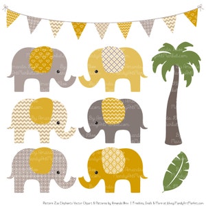 Patterned Mustard Elephants Clipart and Digital Papers - Yellow ...