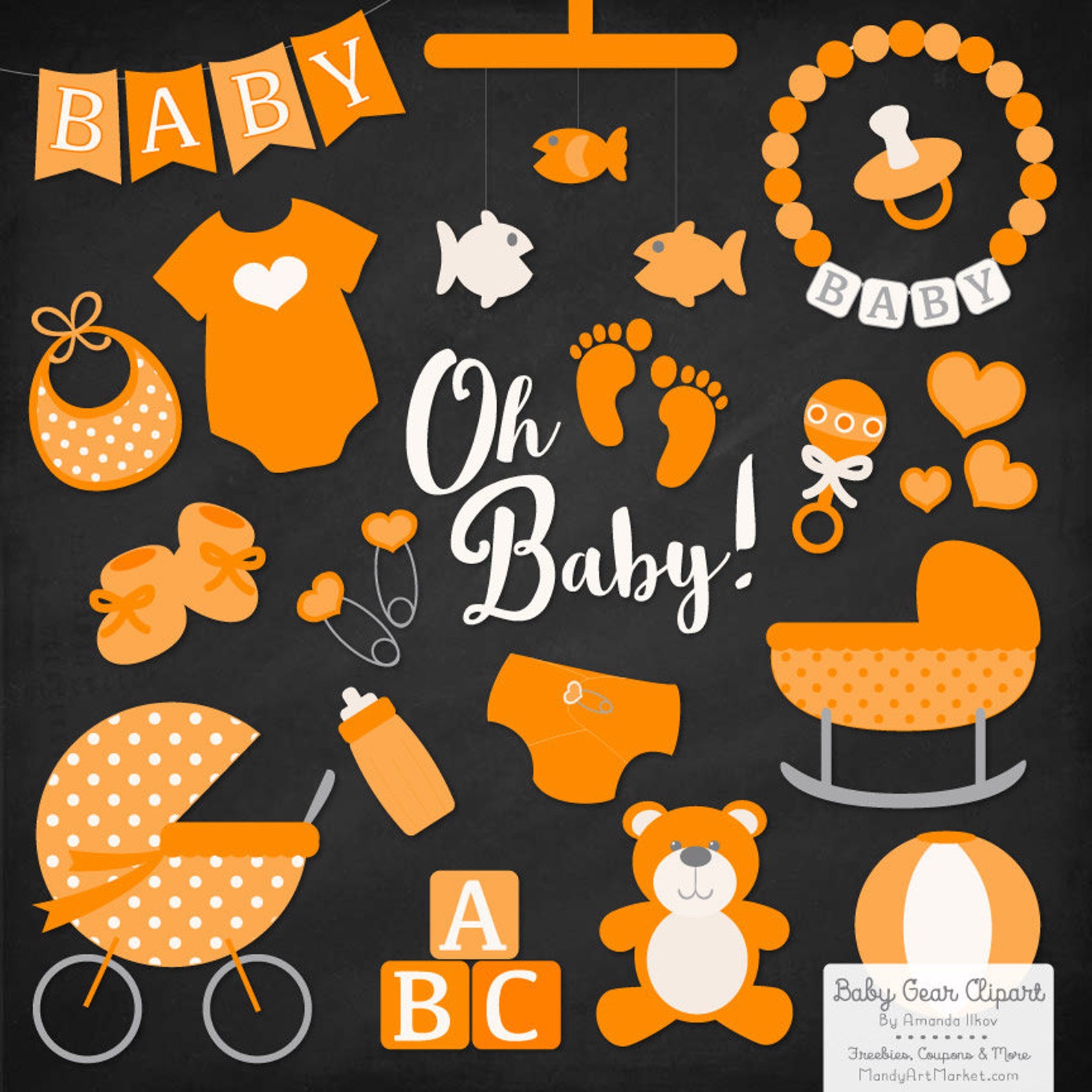 Premium Oh Baby Clipart & Vectors Set in Tangerine - Tangerine Orange ...