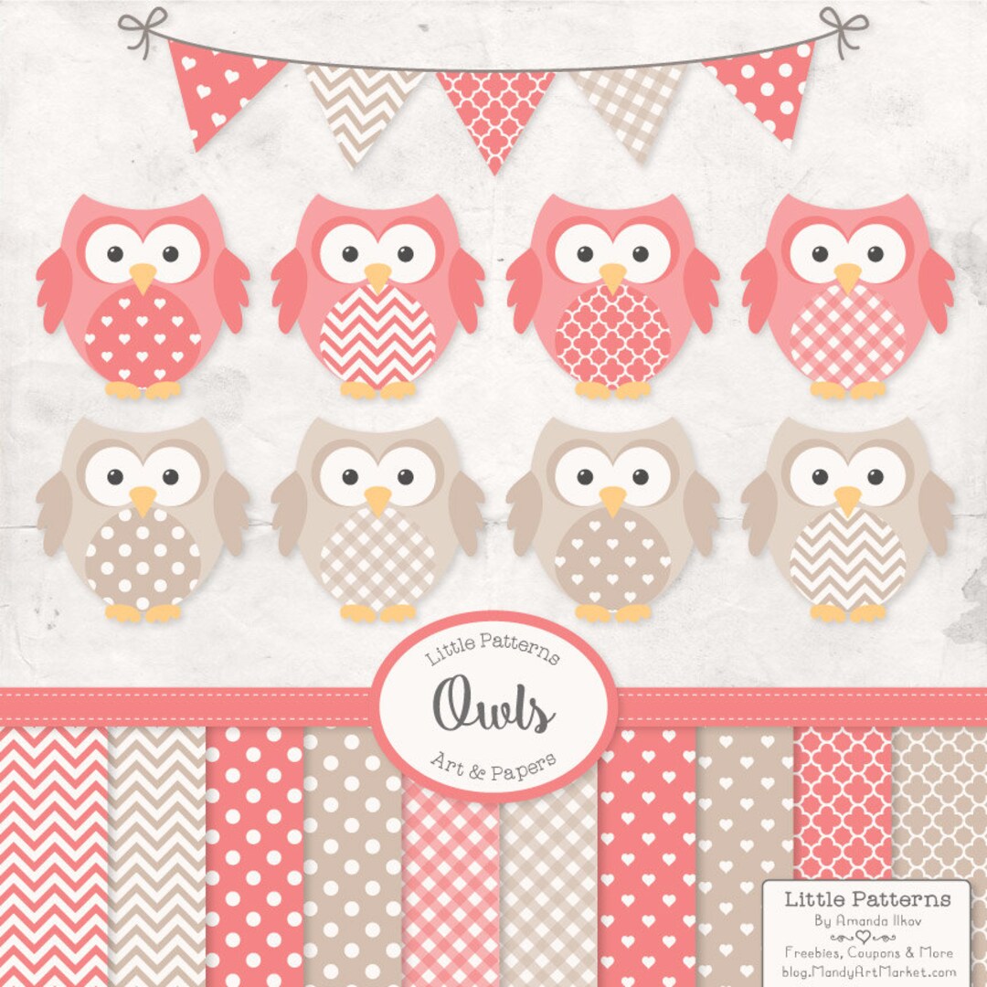 Premium Owl Clipart, Vectors & Digital Papers in Coral With Tan - Coral ...