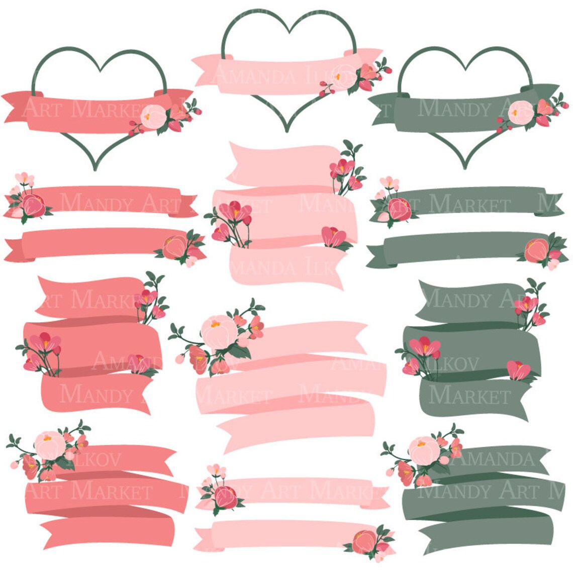 Emma Floral Heart Clipart & Vectors in Rose Garden pink - Etsy México