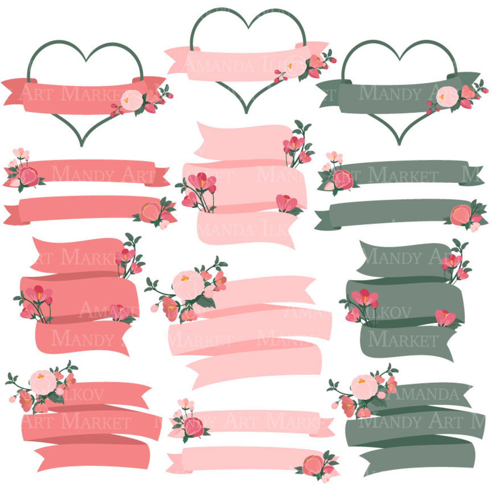 Emma Floral Heart Clipart & Vectors in Rose Garden pink - Etsy México