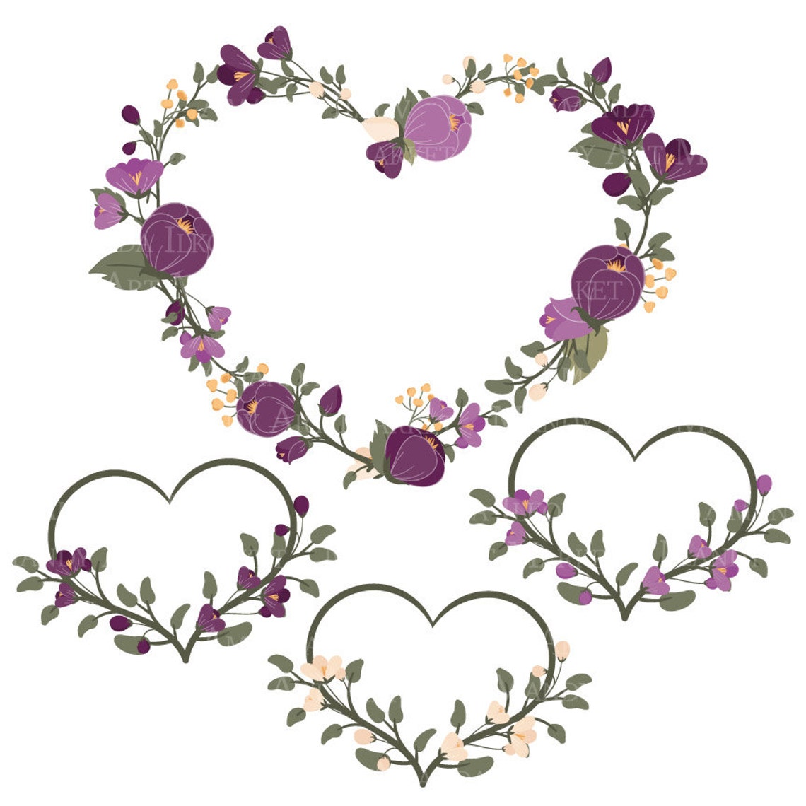 Emma Floral Heart Clipart & Vectors in Plum - Plum Flowers, Plum Floral ...