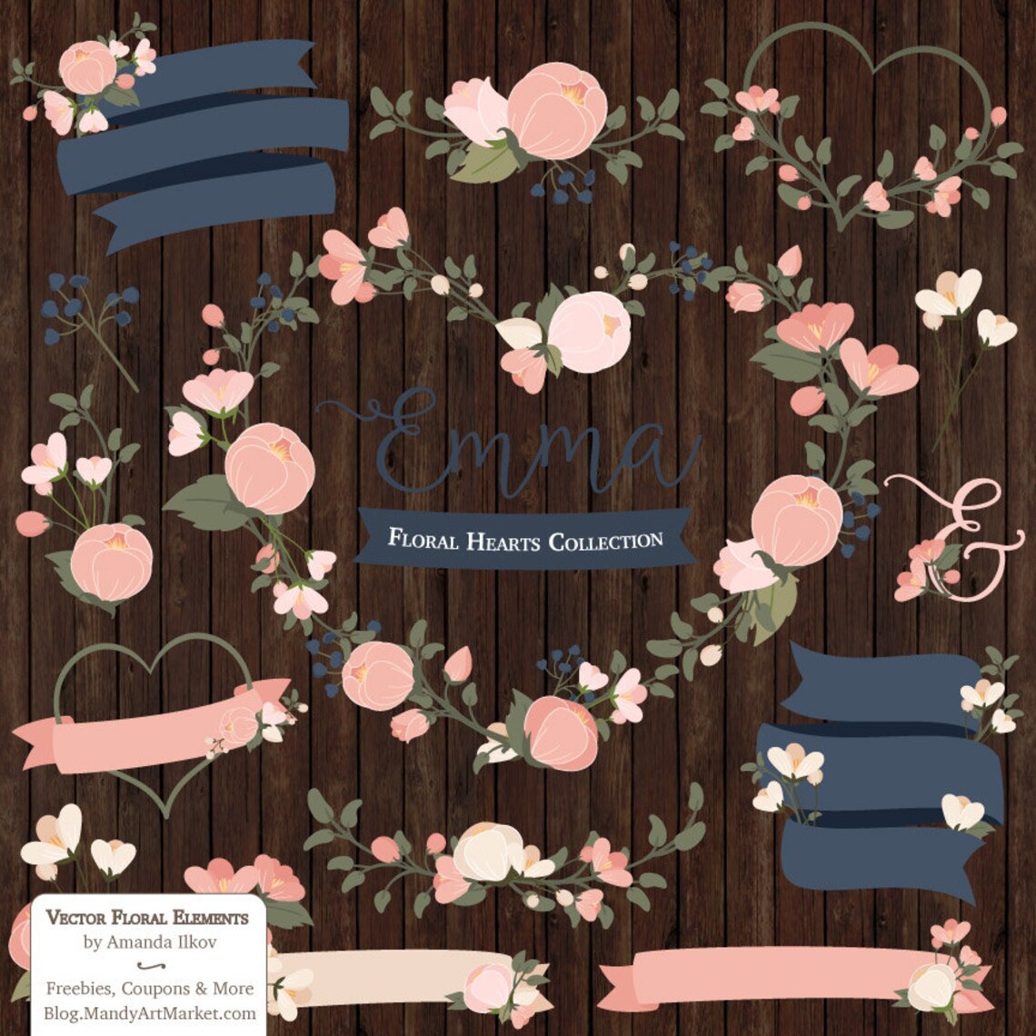 Emma Floral Heart Clipart & Vectors in Navy and Blush Navy - Etsy