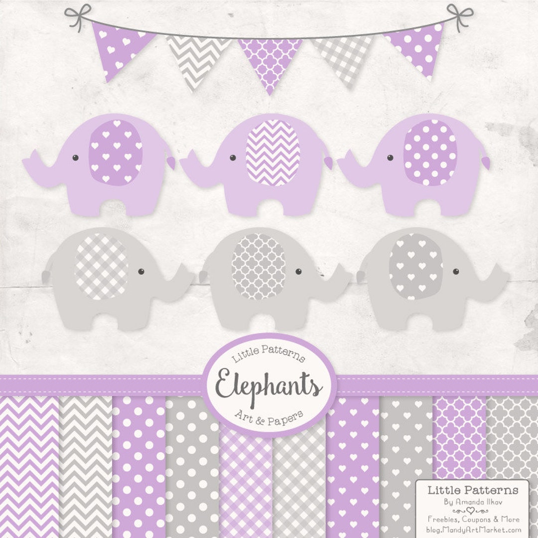 Premium Elephant Clipart, Vectors & Digital Papers in Lavender With ...