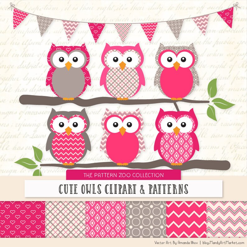 Patterned Hot Pink Owls Clipart and Digital Papers Pink Owl | Etsy