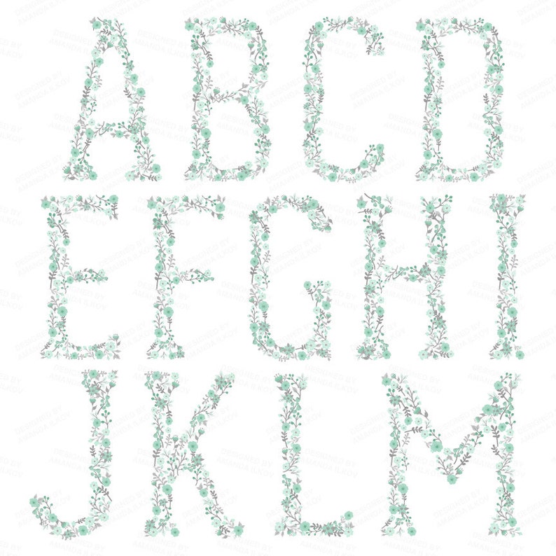 Professional Floral Alphabet Clipart & Vectors Mint and Grey - Etsy