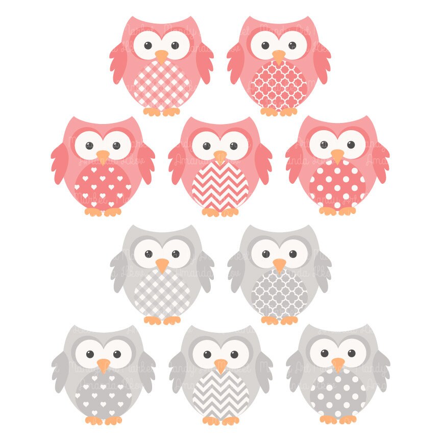 Premium Owl Clipart, Vectors & Digital Papers in Coral With Grey ...