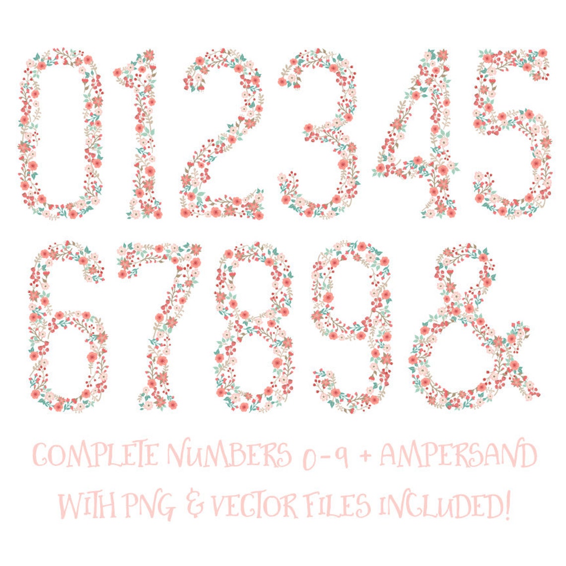 Premium Floral Numbers Clipart & Vectors in Mint and Coral - Mint Coral ...