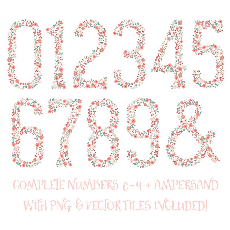 Premium Floral Numbers Clipart & Vectors in Mint and Coral - Mint Coral ...