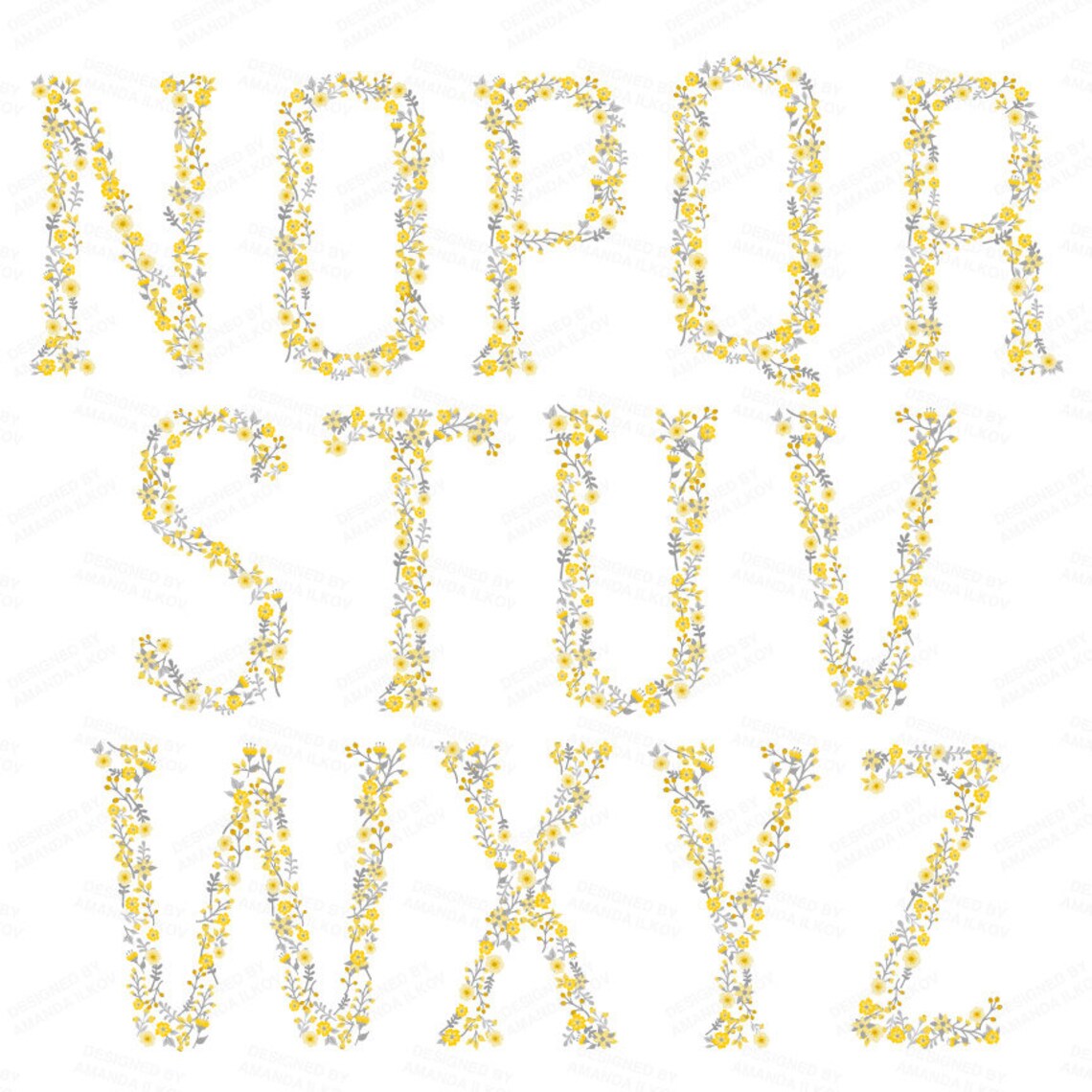 Professional Floral Alphabet Clipart & Vectors Yellow Floral - Etsy