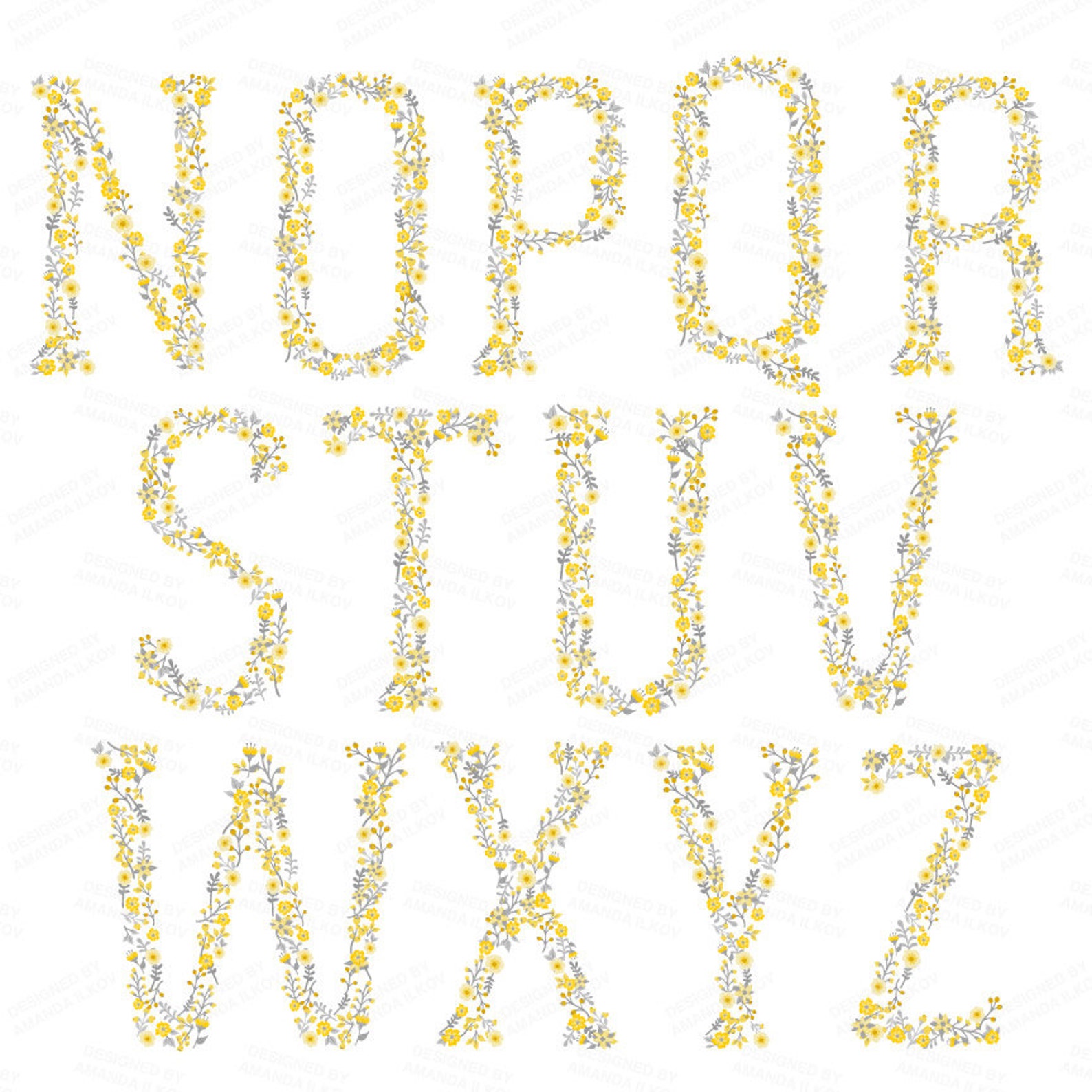 Professional Floral Alphabet Clipart & Vectors - Yellow Floral Monogram ...