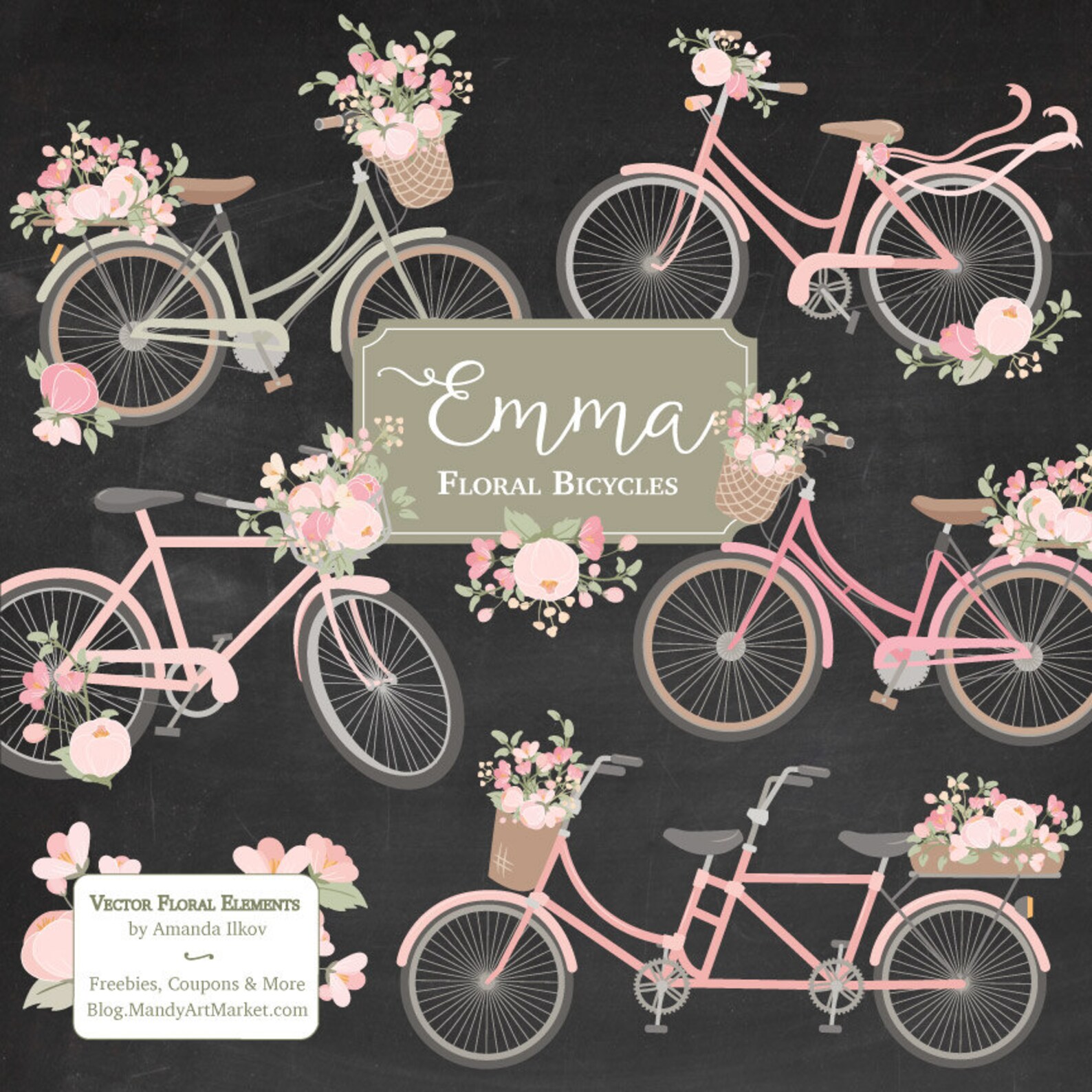 Emma Floral Bicycle Clipart & Vectors in Soft Pink - Rose Bicycles ...