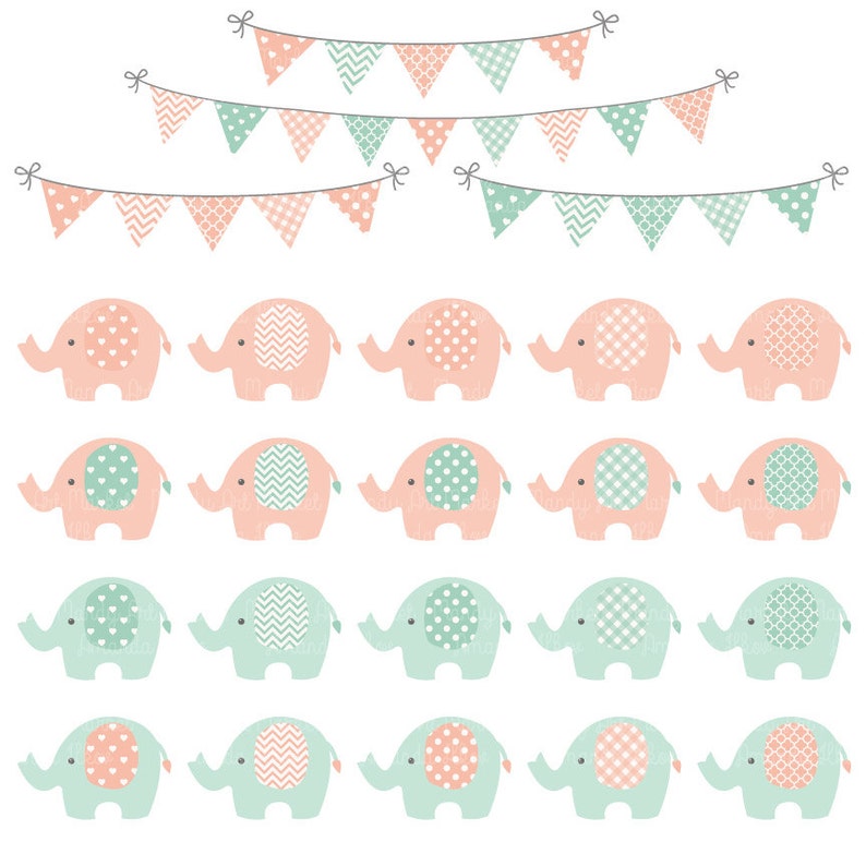 Premium Elephant Clipart, Vectors & Digital Papers in Mint and Peach ...