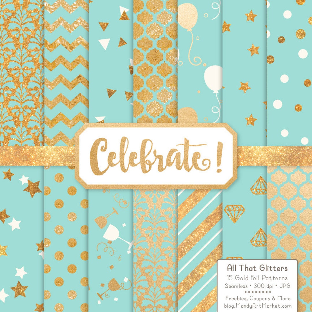 Celebrate Gold Foil Digital Papers in Aqua Party Patterns, Party ...