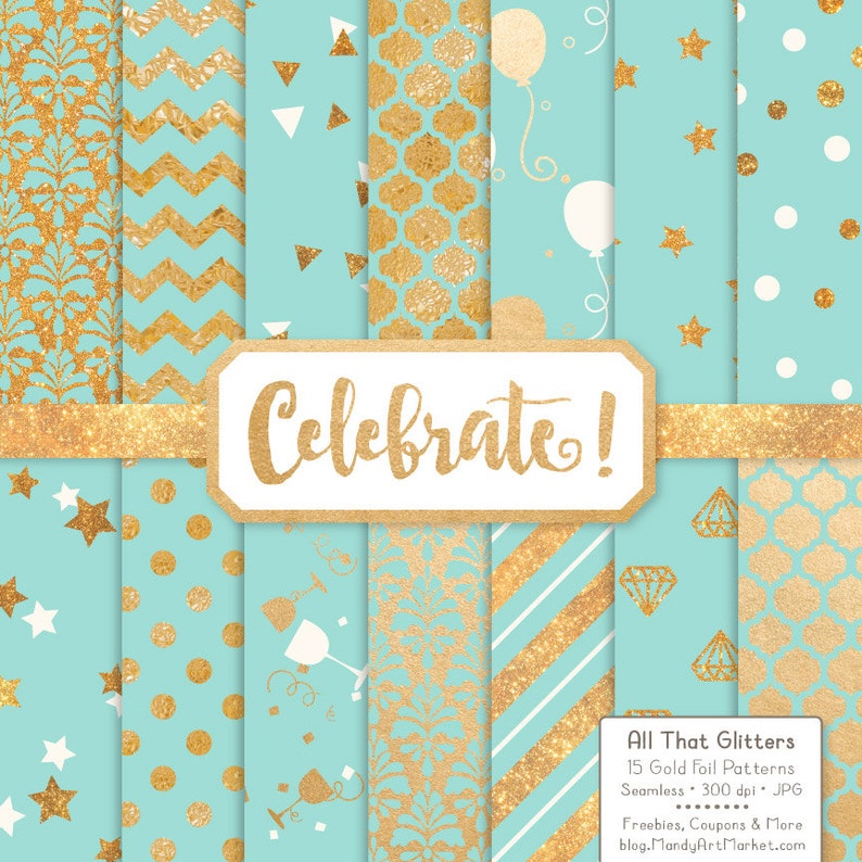 Celebrate Gold Foil Digital Papers in Aqua - Party Patterns, Party ...