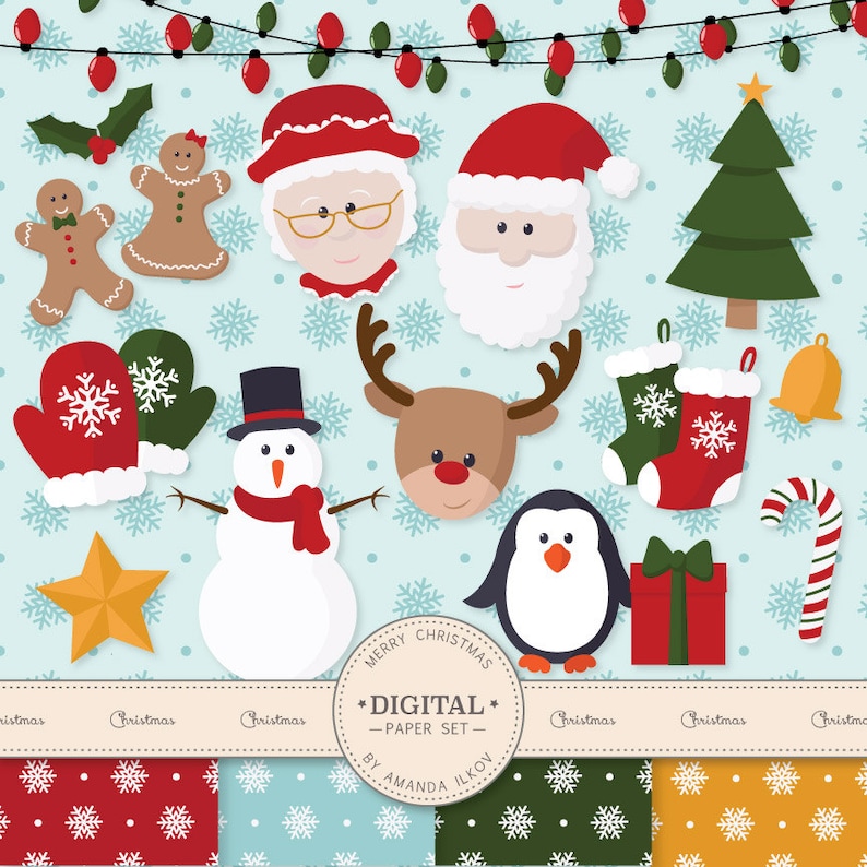 Premium Christmas Characters Clip Art & Digital Papers Set | Etsy