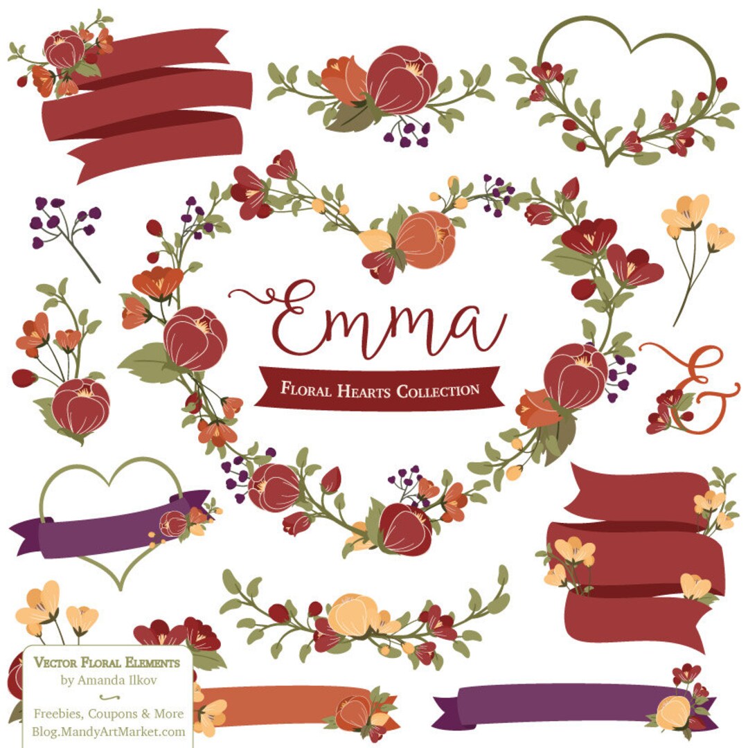 Emma Floral Heart Clipart & Vectors in Autumn - Orange Flowers, Peach ...
