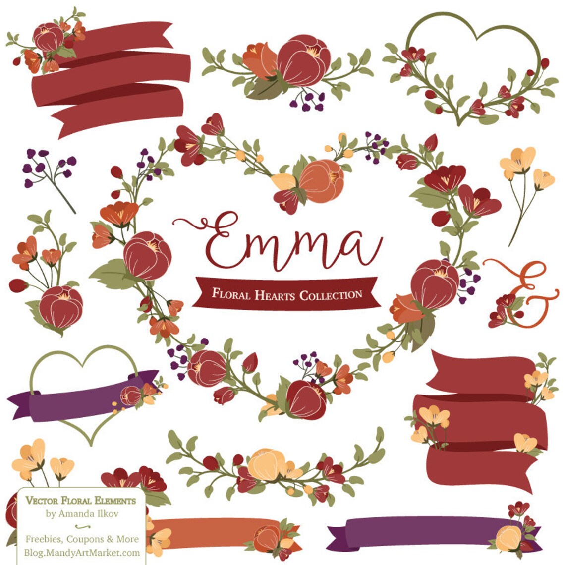 Emma Floral Heart Clipart & Vectors in Autumn orange | Etsy