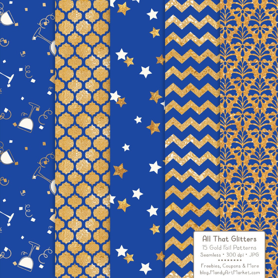 Premium Gold Foil Royal Blue Digital Papers Party Patterns | Etsy