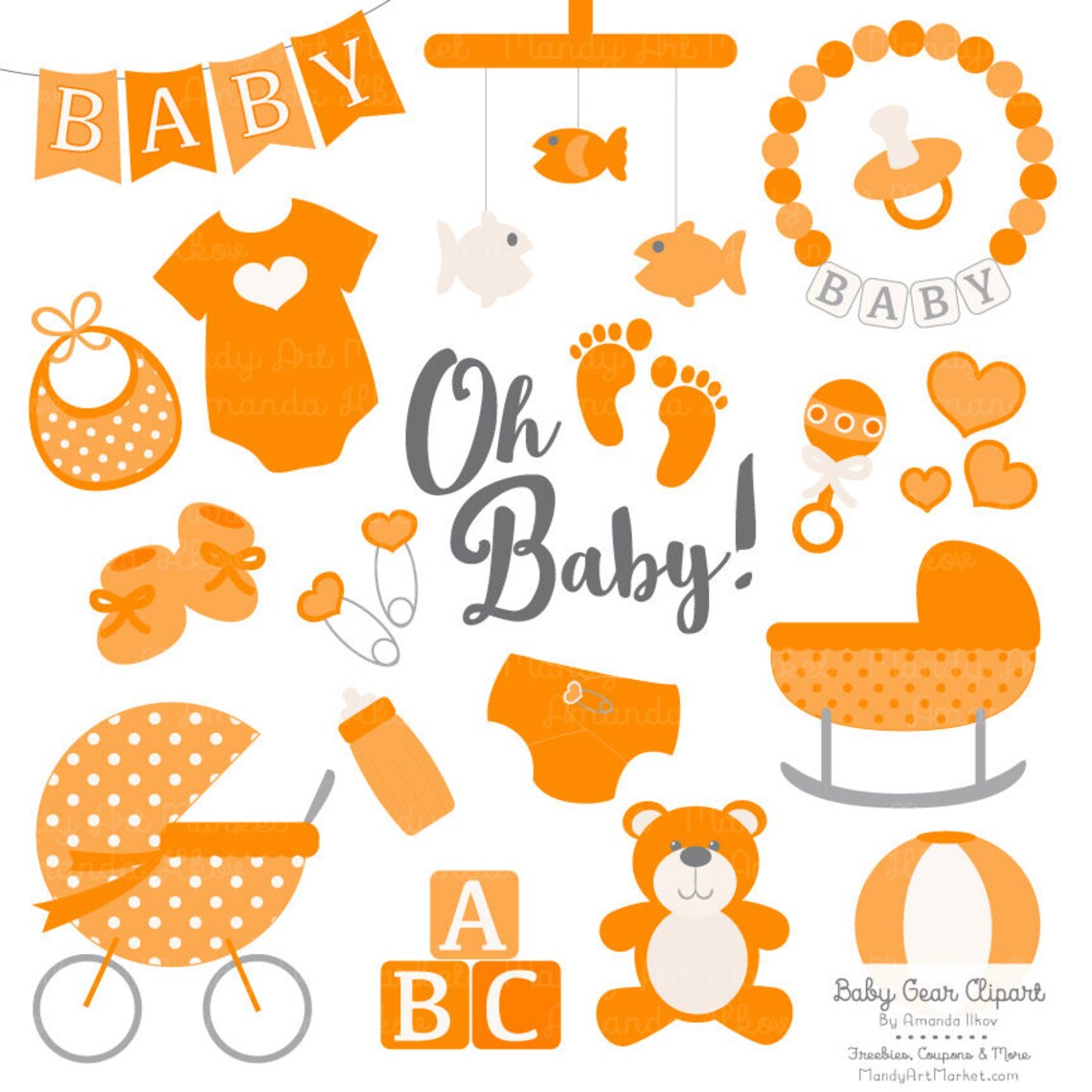 Premium Oh Baby Clipart & Vectors Set in Tangerine - Tangerine Orange ...