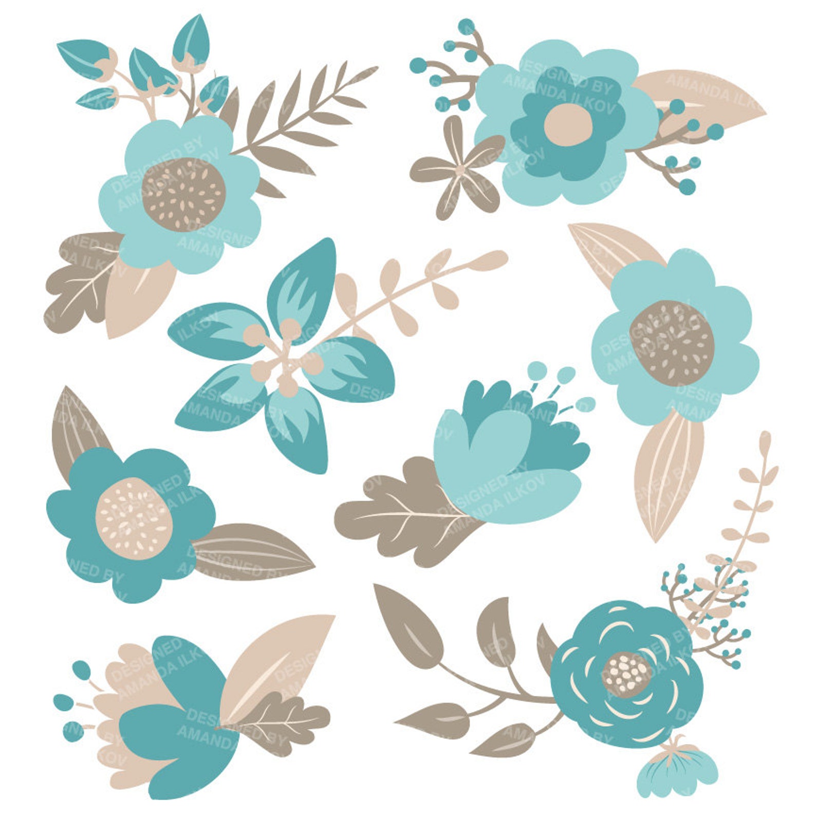 Premium Vintage Blue Flowers Clipart & Floral Vectors | Etsy