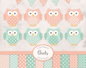 Premium Owl Clipart Vectors & Digital Papers in Mint and - Etsy