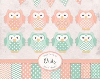 Premium Owl Clipart Vectors & Digital Papers in Mint and | Etsy