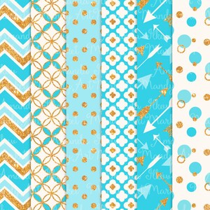 Premium Boho Gold Glitter Digital Paper in Tropical Blue - Gold Digital ...