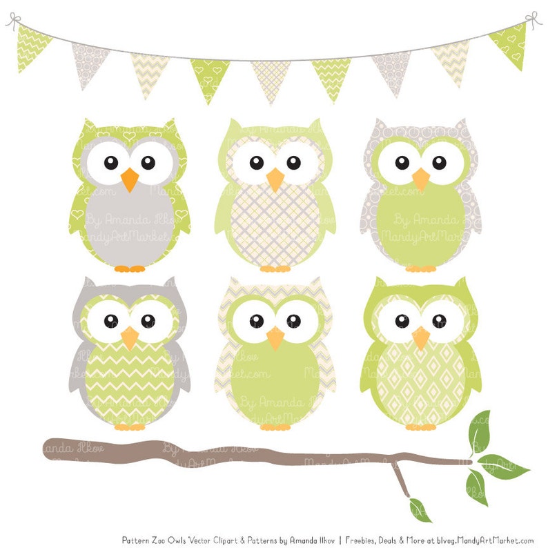Patterned Bamboo Owls Clipart and Digital Papers Green Owl - Etsy
