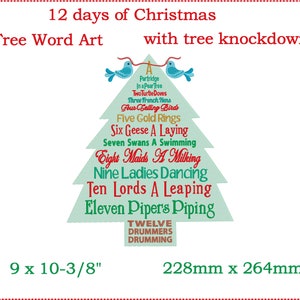 12 Days of Christmas Tree Word Art Embroidery Design. With Knockdown ...