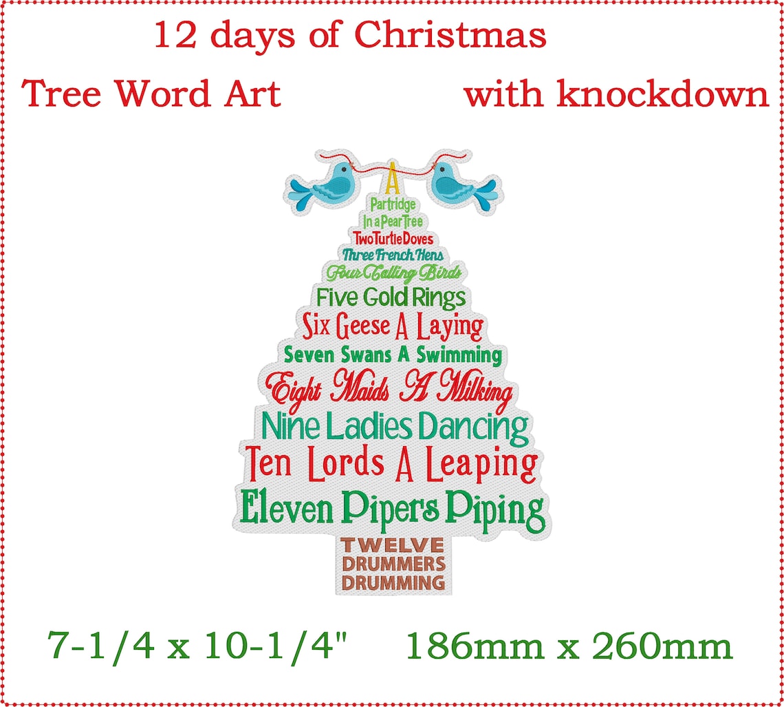 12 Days of Christmas Tree Word Art Embroidery Design. With - Etsy