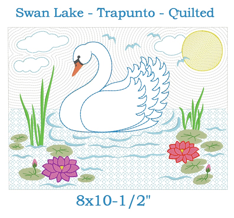 Desenho de bordado Lago dos Cisnes Trapunto. Bolsa de colcha de ...