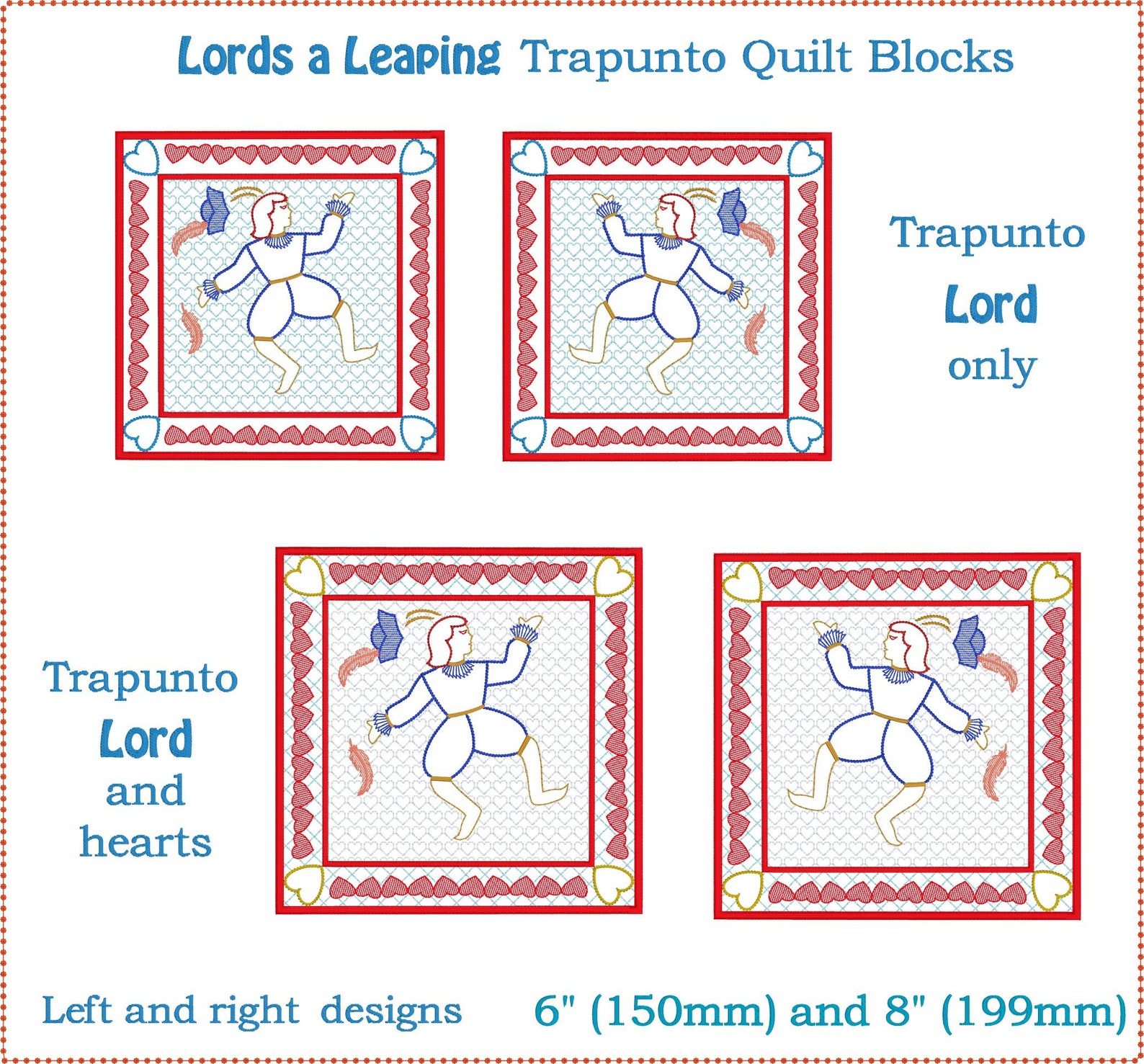 Lords a Leaping 6-8" Trapunto Quilt Block Embroidery Designs. 8 Files ...