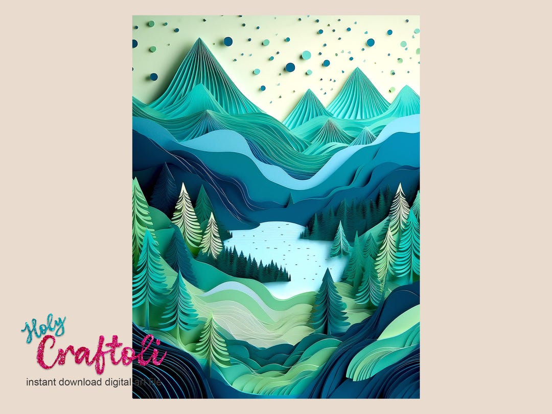Layered Paper Cut Mountain Art Printable, Blue Forest Landscape Decor ...