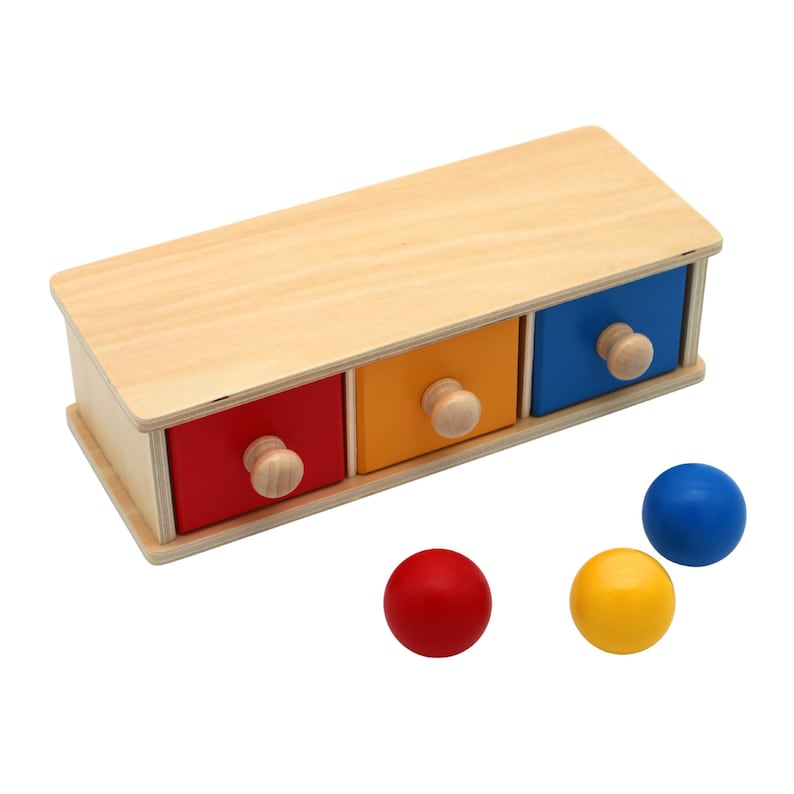 Montessori Object Permanence Box With Bins (comes With 3 Colored Balls ...