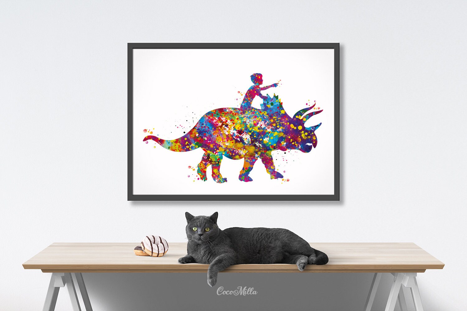 Triceratops Rider Boy Watercolor Print Dino Poster Art Print | Etsy