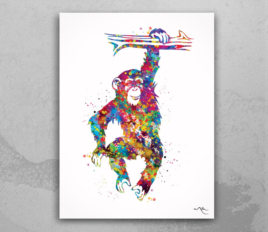 Monkey Hanging Chimp Watercolor Print Chimpanzee Monkey Painting Baby ...