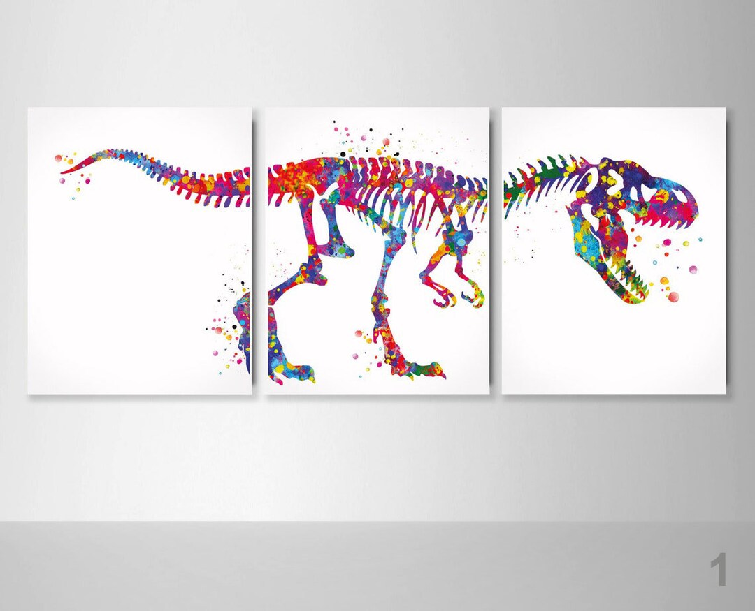 Dinosaur Skeleton Watercolor Print Trex Bones Set of 3 Dino Art Boy ...