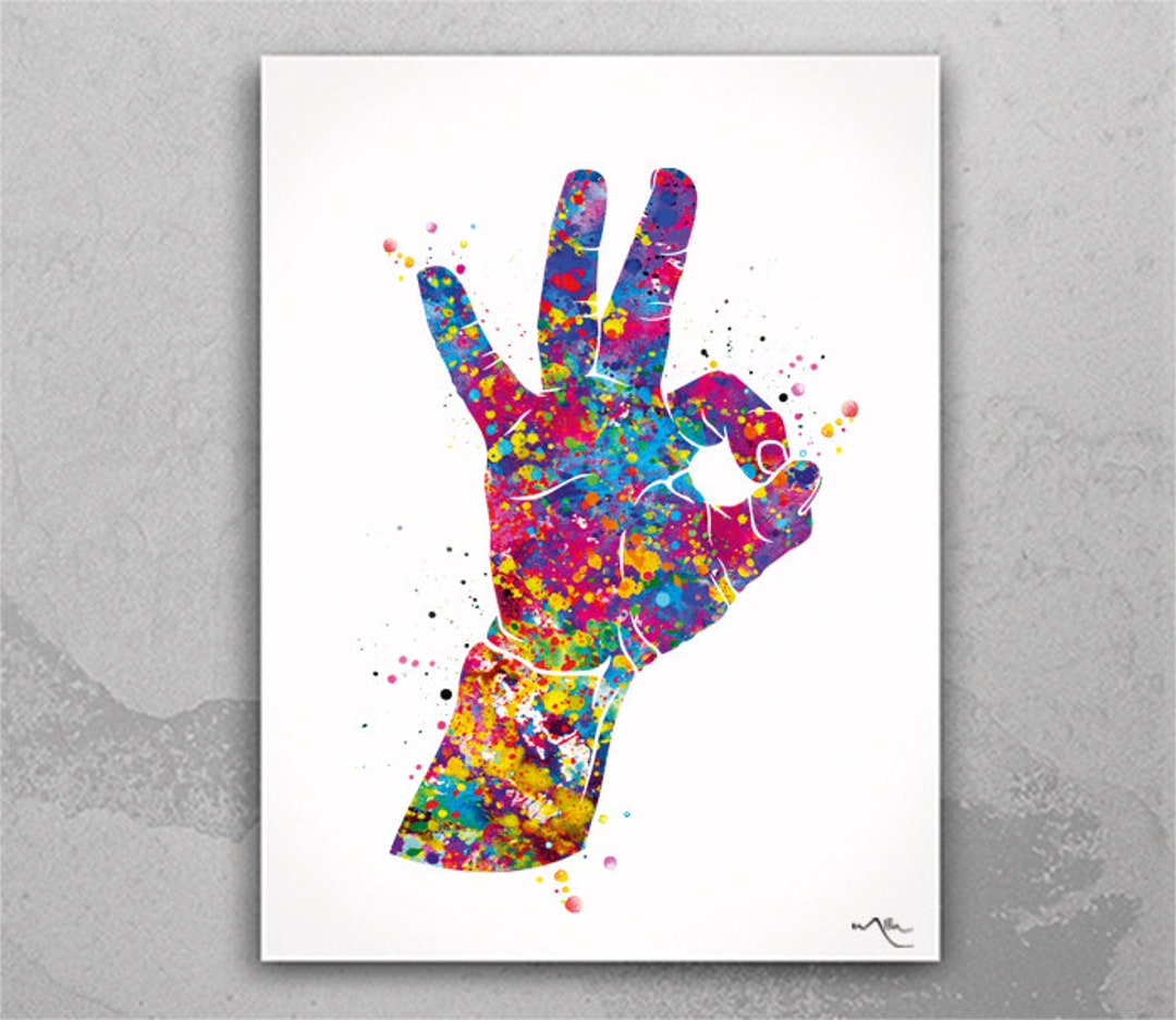 OK Hand Gesture Sign Watercolor Print Symbol Poster Okay Sign ASL Sign ...