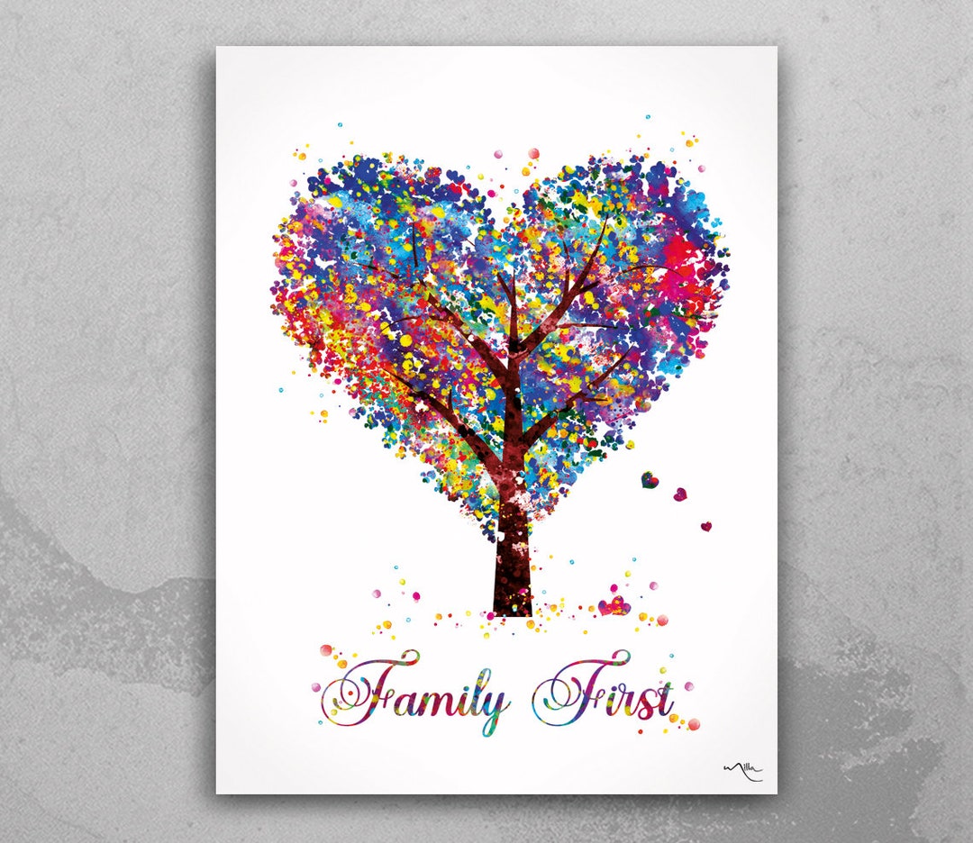 Heart Tree Family First Quote Watercolor Print Wedding Gift Wall Decor ...