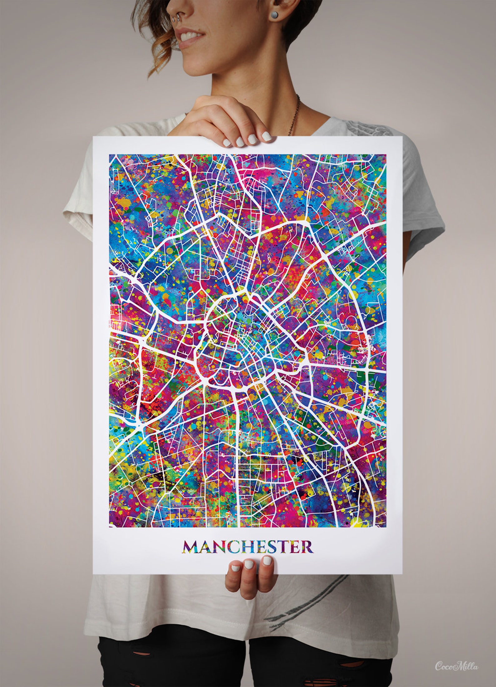 Manchester Map Watercolor Print Wall Art Manchester City Road - Etsy