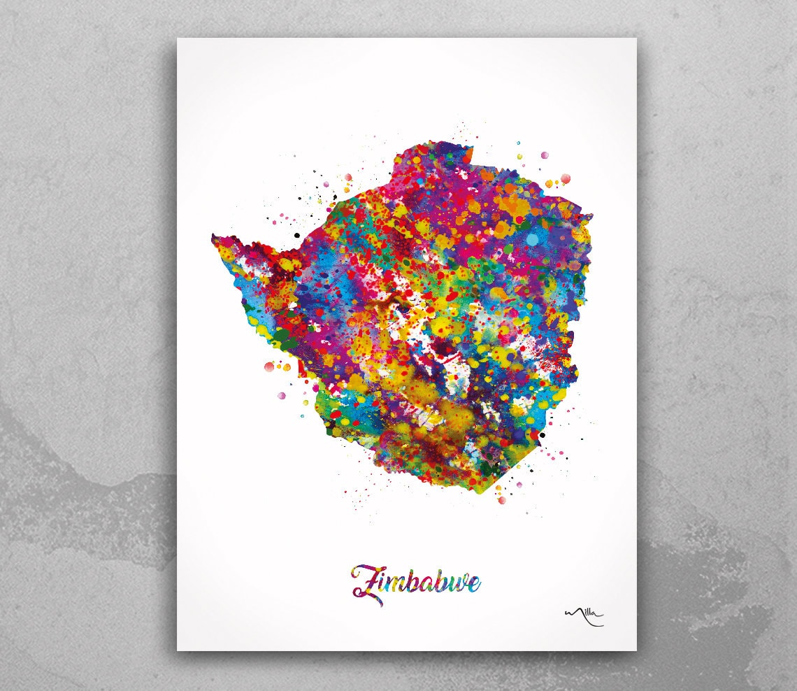 Zimbabwe Country Map Watercolor Print Wall Art Travel Map | Etsy