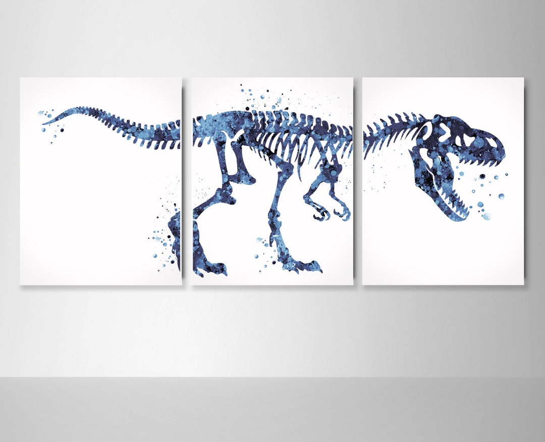 Dinosaur Skeleton Watercolor Print Trex Bones Set of 3 Dino Art Boy ...