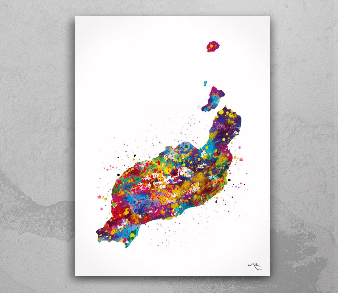 Lanzarote Map Watercolor Print Canary Islands Spain Wall Art | Etsy