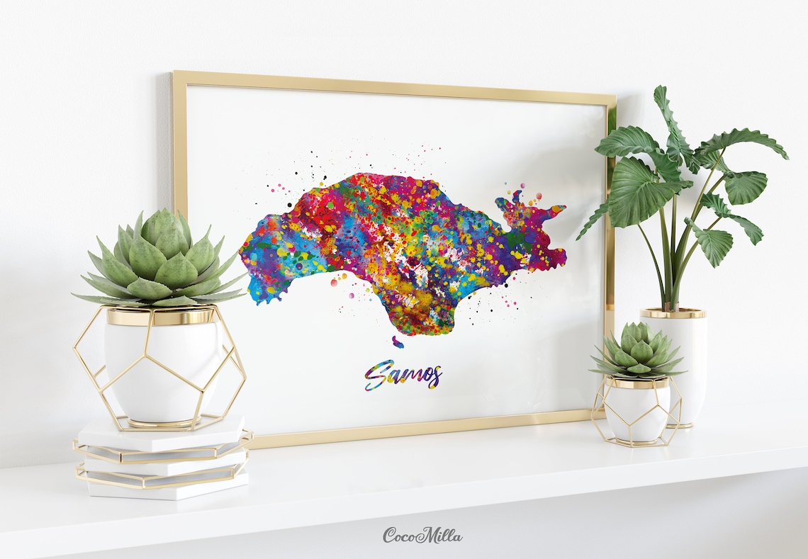 Samos Map Watercolor Print Samos Island Map Greece Travel - Etsy